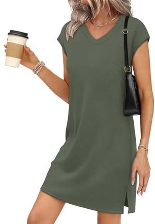 Generic Robe d&eacute;t&eacute; d&eacute;contract&eacute;e pour femme avec col en V et manches courtes &agrave; volants, poches infroissables, pour la plage, les vacances, le travail, Vert, XXL