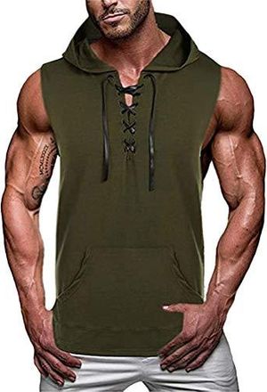 Onsoyours Débardeur Musculation Homme à Capuche Imprimé Sport Fitness Gym T-Shirt Gilet sans Manche B Armée Verte L
