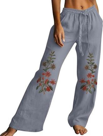 Generic Pantalon long en lin pour femme - Broderie florale - Pantalon en tissu d&eacute;contract&eacute; l&eacute;ger et a&eacute;r&eacute; - Taille &eacute;lastique - Pantalon de loisirs - D&eacute;contract