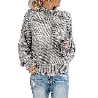 Generic Pull pour femme en tricot &eacute;pais &agrave; col haut en coton doux confortable d&eacute;contract&eacute; classique &eacute;l&eacute;gant pour lautomne et le quotidien, gris, XXXXXL