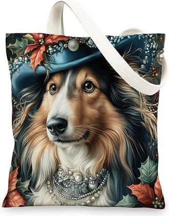 Generic Sac fourre-tout vintage en toile de No&euml;l pour faire du shopping, 33 x 38,1 cm, sac d&eacute;picerie r&eacute;utilisable pour femme, animal de compagnie, peinture es