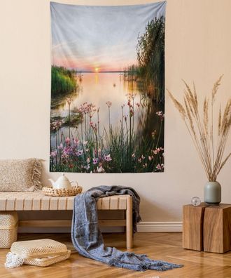 Abakuhaus Natur Wandteppich, Sonnenuntergang am See Chudskoy aus Weiches Mikrofaser Stoff Waschbar ohne Verblassen Digitaldruck, 110 x 150 cm,Baby Blue Hellrosa