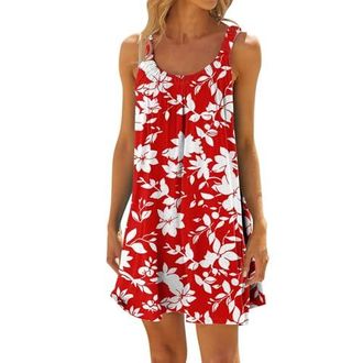 Generic Robe d&eacute;t&eacute; pour femme - Mode d&eacute;t&eacute; - Imprim&eacute; floral - Pliss&eacute; - Sans manches - Bandouli&egrave;re - Vacances &agrave; la plage - Robe d&eacute;contract&eacute;e, rouge, XXL