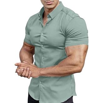 Generic Chemise habill&eacute;e coupe ajust&eacute;e pour homme, chemise daffaires &agrave; manches courtes, couleur unie, chemises formelles grande taille, hauts boutonn&eacute;s, haut 