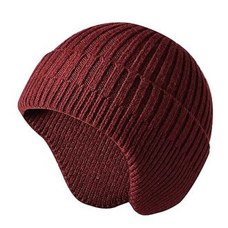 Generic Casquette tricot&eacute;e &agrave; rabat doreille pour homme et femme, bordeaux, Taille unique