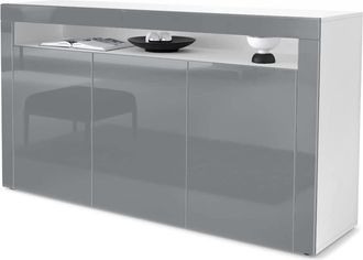 Vladon Sideboard Valencia, Made in Germany, Kommode mit 3 Türen und 1 offenem Fach, Weiß matt/Grau Hochglanz (155 x 92 x 40 cm)