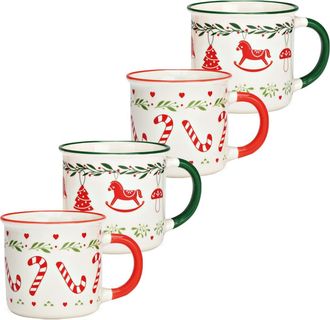 Matches 21 Weihnachtstassen 4er Set Porzellan mit Zuckerstangen Motiv - 350 ml Kaffeetassen mit festlichen Motiven in Rot und Grün Ø 9 x 13 cm cm - Tassen ideal 