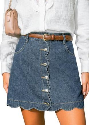 Cupshe Jupe en Jean pour Femme, D&eacute;contract&eacute;e, Taille Haute, Trap&egrave;ze, Mini Jupe en Jean avec Ourlet Dentel&eacute; et Poches, bleu clair, S