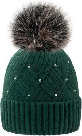 morefaz Damen Winterm&uuml;tze mit Perlen Strickm&uuml;tze M&uuml;tze Wurm M&uuml;tze Gro&szlig;e Bommel Pompon (DE/NL/SE/PL, Alphanumerisch, M, L, Green)