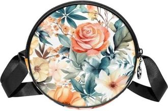 Generic Petit sac &agrave; bandouli&egrave;re circulaire pour femme, motif feuilles florales, sac &agrave; dos avec fermeture &eacute;clair, bretelles r&eacute;glables, sac &agrave; main rond d&eacute;contra
