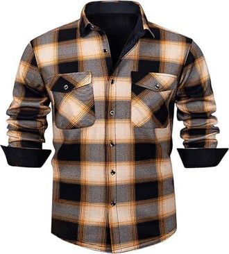 Generic Chemise &agrave; manches longues en flanelle &agrave; carreaux doubl&eacute;e de polaire pour homme - Chaude &agrave; carreaux boutonn&eacute;e pour temps froid - Tenue d&eacute;contract&eacute;e, Or