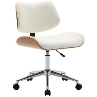 Sweeek Sweeek - Chaise de bureau &agrave; roulettes d&eacute;cor bois courb&eacute; placage effet ch&ecirc;ne et simili cuir blanc