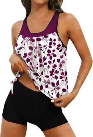 Generic Maillot de bain tankini deux pi&egrave;ces pour femme avec short boyleg - Contr&ocirc;le du ventre - Taille haute - D&eacute;bardeur de bain vintage &agrave; imprim&eacute; floral - Po