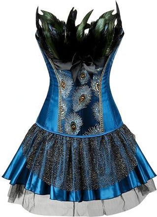 Ocean Plus Corset Classique en Plumes de Paon pour Femme Corset Brodé Contrôle du Ventre Corset avec Jupe (XXL (EU 40-42), Robe bleu royal)