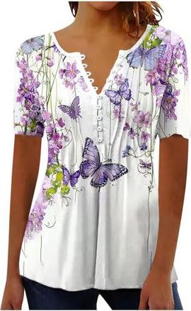 Generic Hauts d&eacute;t&eacute; pour femmes, T-shirts Henley &eacute;l&eacute;gants vintage &agrave; imprim&eacute; floral, col en V, boutons &eacute;vas&eacute;s, chemisiers swing, 01Multicolore 1, 4XL