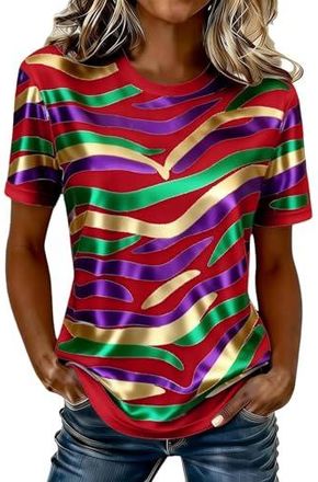 Generic T-shirt d&eacute;contract&eacute; &agrave; manches courtes et col rond pour femme - Imprim&eacute; abstrait &agrave; rayures color&eacute;es - T-shirt d&eacute;t&eacute; doux et extensible pour le travail, 
