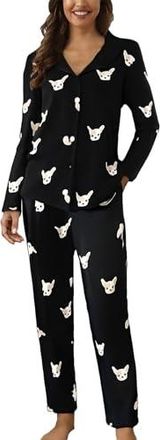Generic Ensemble de pyjama mignon 2 pièces pour femme, joli imprimé graphique, manches longues, chemise à revers boutonnée et pantalon à jambe large, ensemble