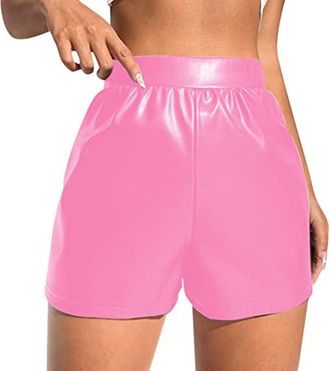 ORANDESIGNE Shorts Cuir Femme Court Sexy Hot Pants Taille Haute Similicuir PU Short Pantalon Moulant Mini Short Clubwear Disco 13 Rose XL
