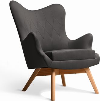 MG Design Ohrensessel aus Samt in Grau - Bequemer Polstersessel mit Holzbeinen, hoher R&uuml;ckenlehne & weichem Samtbezug f&uuml;r Wohnzimmer oder Schlafzimme