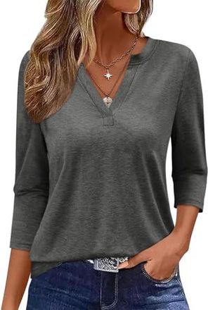 Onsoyours Tee Shirt Femme Manches 3/4 Col en V T-Shirt Ete Décontracté Haut Basic Top A Gris Foncé XL