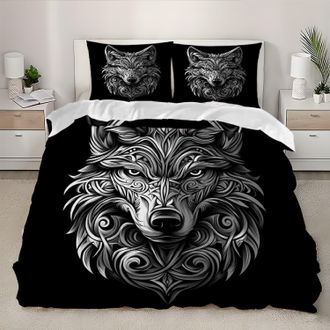 Generic Bettw&auml;sche-Sets 135x200 cm Keltischer Wolfskopf-Muster Bettbezug Mikrofaser mit Rei&szlig;verschluss, Weich Leicht zu reinigen Bettw&auml;sche Schwarz 3teilig f&uuml;