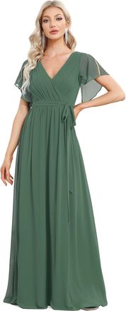 Ever-pretty Elegantes Langes Abendkleid f&uuml;r Hochzeit V-Ausschnitt A-Linie Ballkleider Damen Halter Brautkleider aus Chiffon ES01819-P, Eukalyptusgr&uuml;n, 42