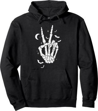 Trendy Apparel Skeleton Hand Peace Sign Crescent Moon Bats Pullover Hoodie