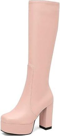 Generic Bottes d&eacute;quitation minimalistes couleur unie &eacute;paisse plateforme bout carr&eacute; genou bottes d&eacute;quitation avec fermeture &eacute;clair lat&eacute;rale chaussures dhiver c