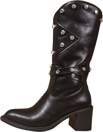 Generic Bottes de cowboy larges pour femme - Bout pointu - Boucle &eacute;l&eacute;gante - Talon &eacute;pais - Classique et confortable - &Agrave; enfiler - Bottes mi-mollet - Pour les 