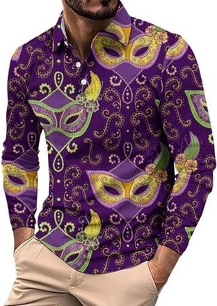 Generic Chemise &agrave; manches longues pour homme - Masque de carnaval - Imprim&eacute; plumes - Manches longues - Col 1/4 bouton - Pour f&ecirc;tes r&eacute;tro et occasions festives