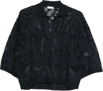 Brunello Cucinelli Femme, Pulls, Bleu, Taille: 40 FR Pull en maille ajour&eacute;e &agrave; col en V