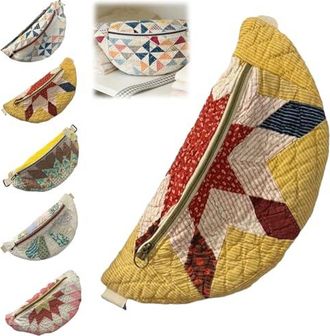 Generic Vintage-Inspired Patchwork Quilted Sling Bag,Curved Crossbody Bag with Adjustable Strap,Bohemian Fabric Shoulder Satchel (B)