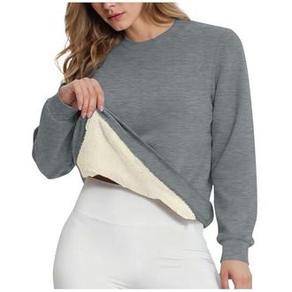 Generic Pull Femme Hiver Chic et &eacute;l&eacute;gant Couleur Unie D&eacute;contract&eacute; Sweatshirts col Rond Ample Pullover Mode Manche Longue Pull Femme Chaud Doubl&eacute; Tops Gris