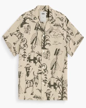 OAS Gemustertes Leinen-Kurzarmhemd mit Resort-Kragen in