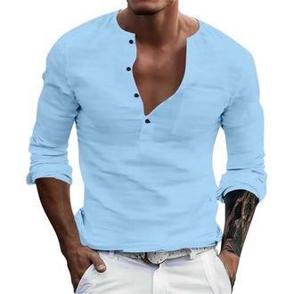 Generic T-shirt &agrave; manches longues pour homme - Style vintage - En coton - Grandes tailles - Col montant - Chemise de plage - Col rond - Chemise d&eacute;t&eacute; &eacute;l&eacute;gante 