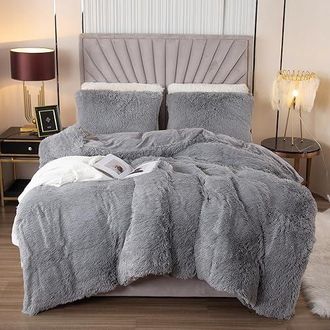 Emme Parure de lit en flanelle avec housse de couette 135 x 200 cm et 1 taie doreiller 80 x 80 cm, pour lit shaggy et peluche douce, gris clair