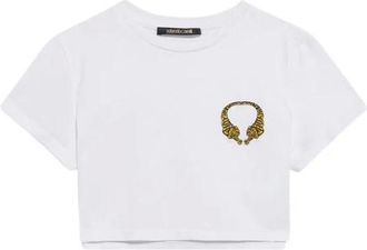 Roberto Cavalli Femme, Tops, Blanc, Taille: 36 FR Crop Top en Coton avec Tigres