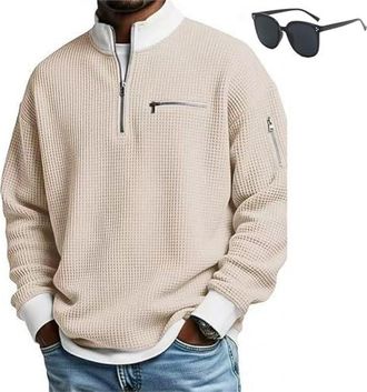 Generic Sweat d&eacute;contract&eacute; &agrave; fermeture &eacute;clair contrast&eacute;e pour homme, d&eacute;contract&eacute; et simple gaufr&eacute; pour homme, beige, XL