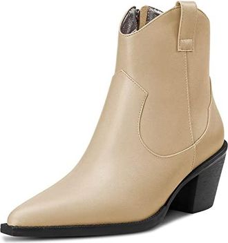 Castamere Femmes Bas Kitten Talon Heel Fermé Pointu Bout Bottines Slip-on Classique Dress Mariage Bureau Cavalières Bottes Beige 38 EU