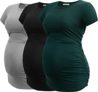 Smallshow Umstandskleidung Tops seitlich gerafft Schwangerschaftskleidung f&uuml;r Frauen 3er-Pack, Schwarz/Hellgrau/Tiefgr&uuml;n, Large
