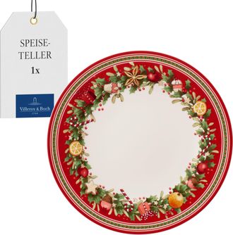 Villeroy & Boch Winter Bakery Delight Speiseteller, 27 cm, Premium Porzellan, Weiß/Rot
