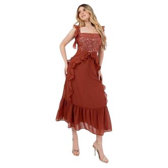 Maya Midikleid f&uuml;r Damen, Eckiger Ausschnitt, &Auml;rmellos (Rostfarben)