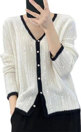 Generic Cardigan ouvert &agrave; col en V pour femme - Coupe ample - Tricot boutonn&eacute; - Couche de base polyvalente, noir/blanc, Taille XS