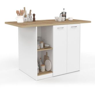 IDMarket Mittelinsel BAO 140 cm 4 Personen wei&szlig;es Holz mit Arbeitsplatte in Buchenholzoptik