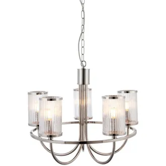 Endon Lighting Henbury Plafonnier suspendu &agrave; plusieurs bras, plaque en nickel brillant, verre &agrave; bulles nervur&eacute;, 5 x E14 - Endon