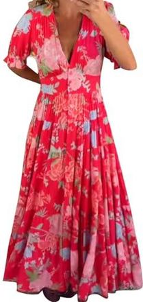 Generic Robe de plage grande taille pour femme - Haut élastique - Col en V - Fleurs fragmentées - Jupe de plage - Robe ample - Robe dété pour femme, Rouge, XL