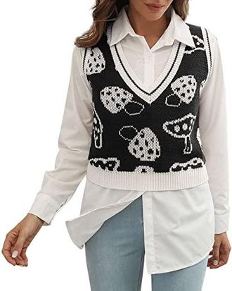 Generic Gilet sans Manche Femme Gilet Femme D&eacute;contract&eacute; Quotidien Ville Carreaux Style Preppy - Top Tricot&eacute; Col V pour Tenue &Eacute;tudiante Chic