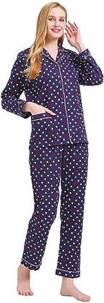 Global Femme Pyjama Flanelle Manches Long |Ensembles de Pyjama Coton |Chemises de Nuit Bouton | Chaleureux Vêtements de Nuit Confortable Bleu, Taches Colorée