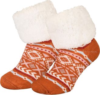 Piarini 1 Paar Kuschelsocken ABS Sohle warme Damen Socken Hüttensocken Wintersocken Anti Rutsch Noppen Muster Orange (One-Size)