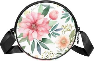 Generic Petit sac &agrave; bandouli&egrave;re circulaire pour femme, motif feuilles florales, sac &agrave; dos avec fermeture &eacute;clair, bretelles r&eacute;glables, sac &agrave; main rond d&eacute;contra